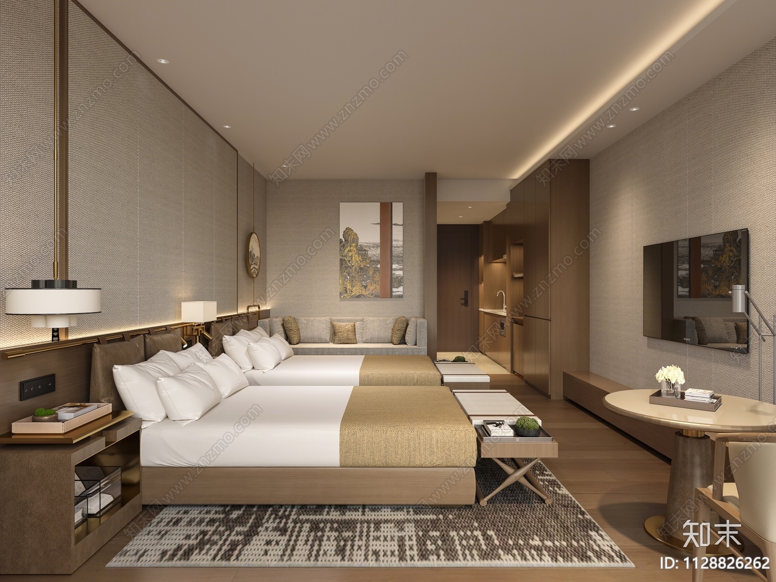 新中式酒店客房3d模型下载【id1128826262】知末3d模型网