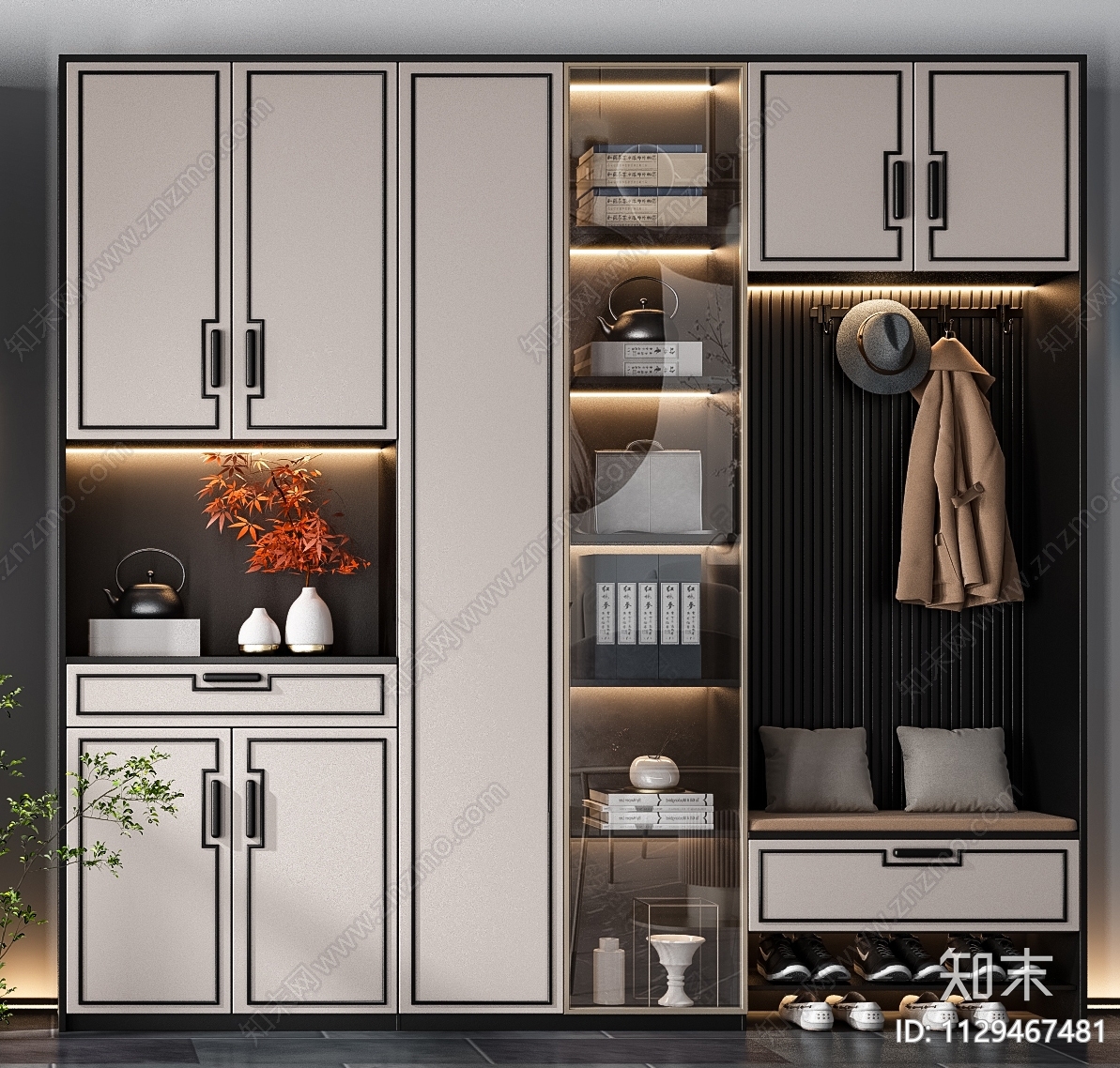 新中式鞋柜组合3d模型下载【id1129467481】知末3d模型网