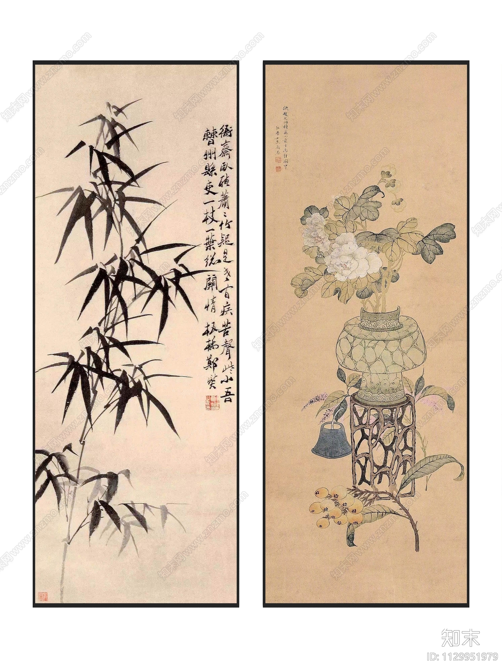 新中式雅致禅意墨竹花卉盆景挂画组合3d模型下载【id1129951979】知末3d模型网