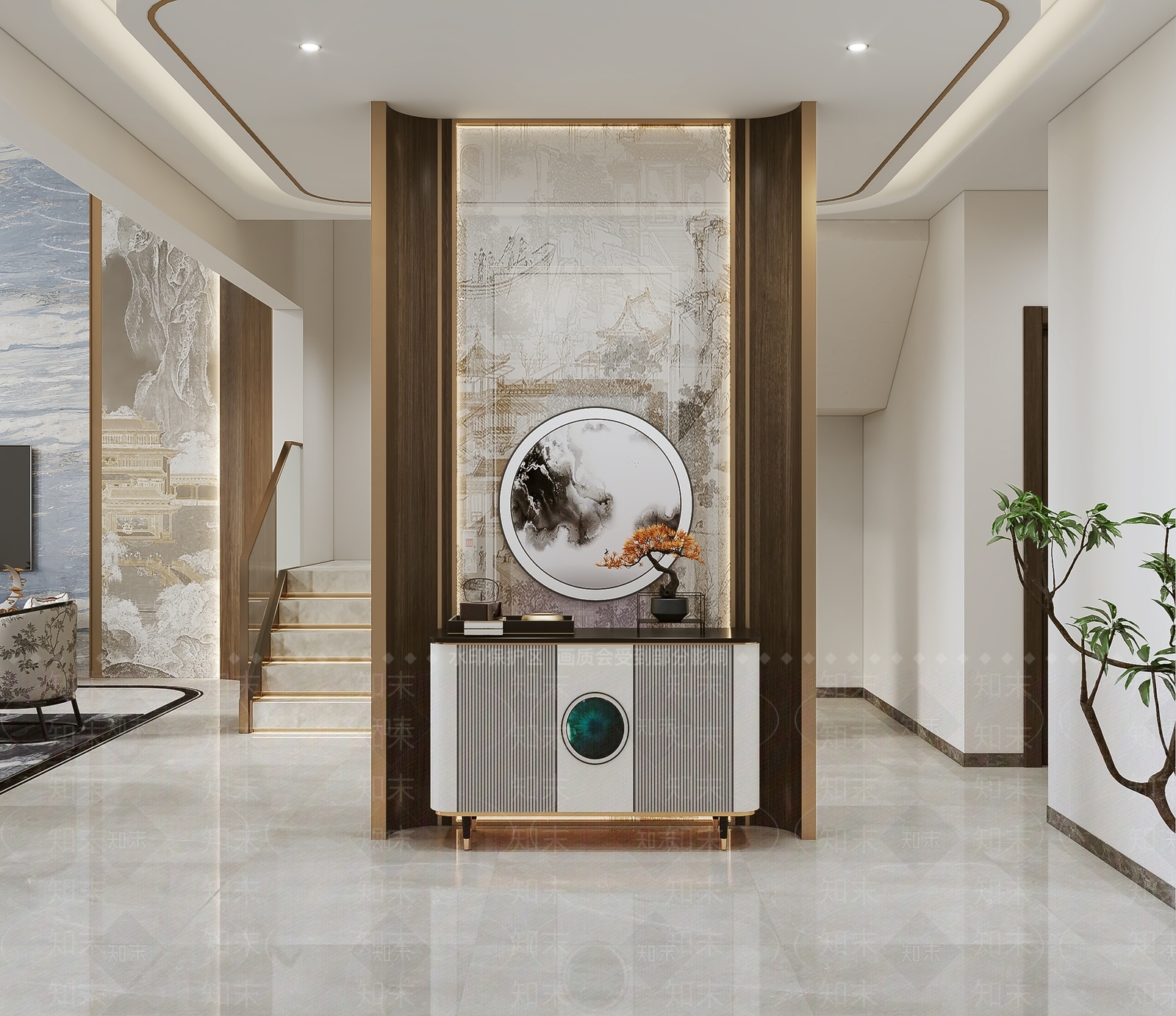 新中式挑空别墅客厅3D模型下载【ID:1131391888】_知末3d模型网