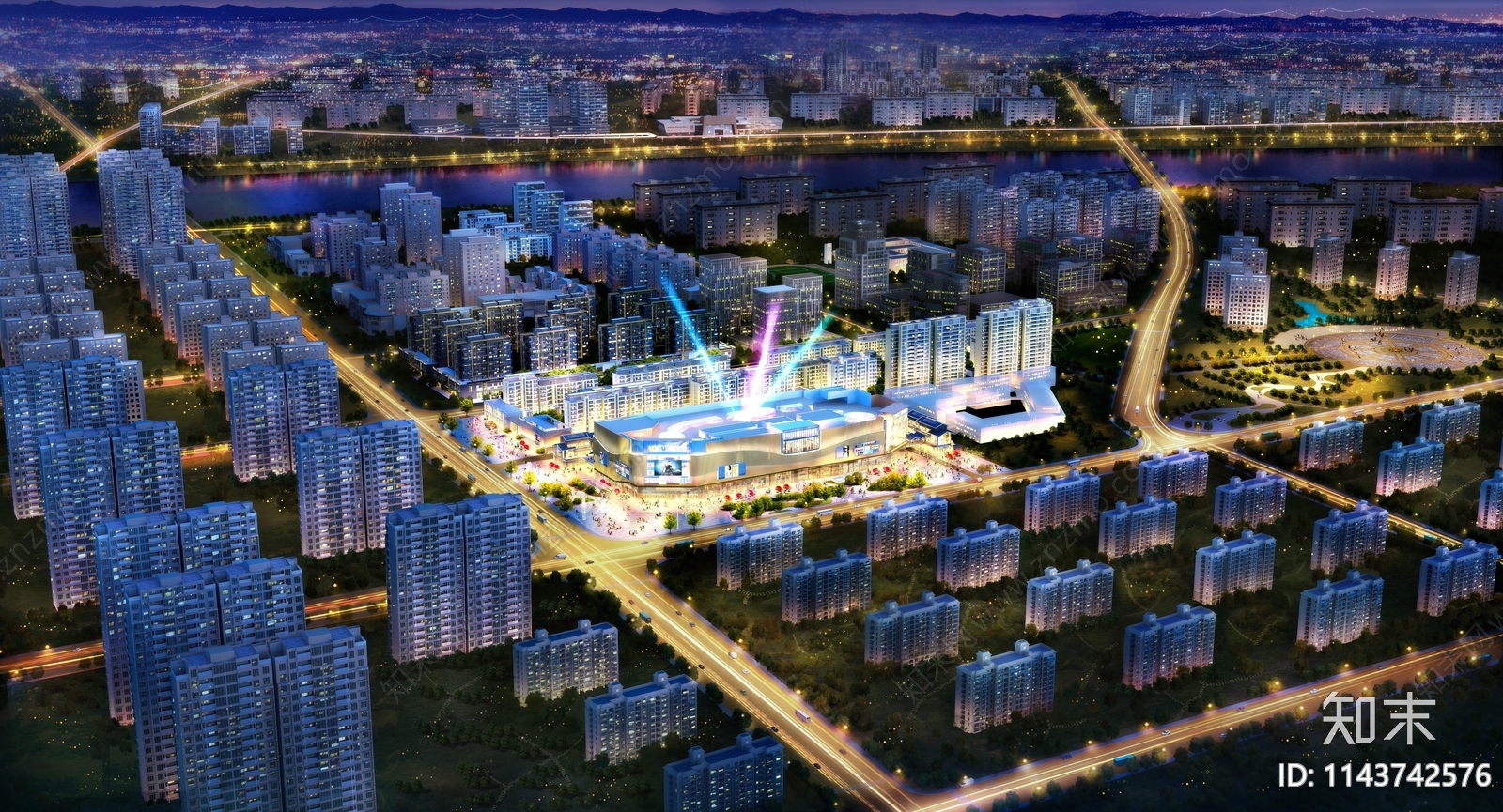 现代商业综合体商业街多层住宅夜景鸟瞰图3d模型下载【id1143742576】知末3d模型网