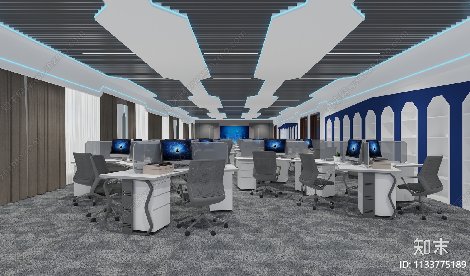 现代科技感公共办公室3d模型下载【id1133775189】知末3d模型网