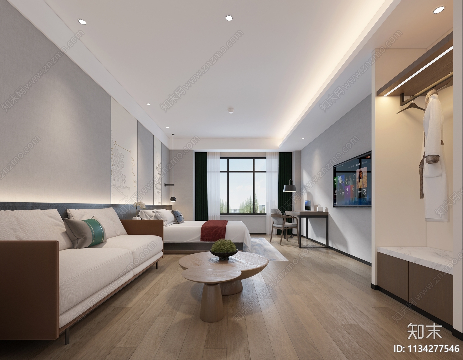 新中式酒店标间3d模型下载【id1134277546】知末3d模型网