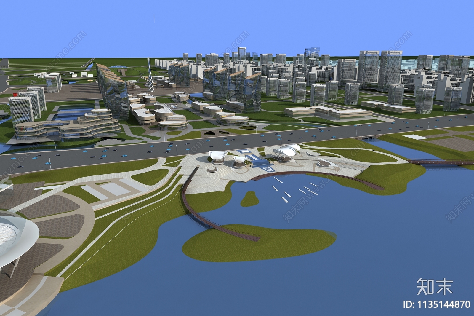 现代城市滨湖广场鸟瞰规划3d模型下载【id1135144870】知末3d模型网