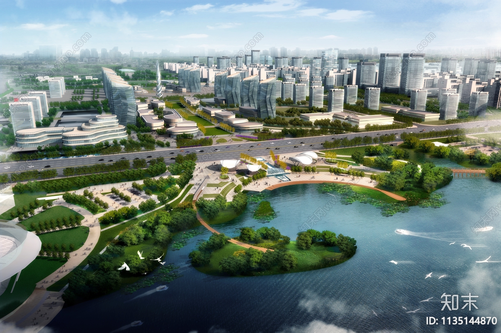 现代城市滨湖广场鸟瞰规划3d模型下载【id1135144870】知末3d模型网