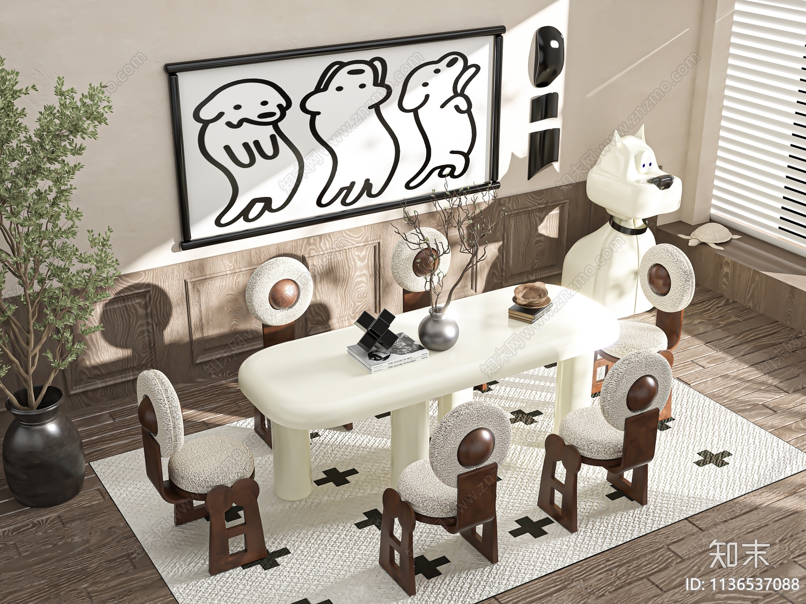 现代奶油中古风餐桌椅组合3d模型下载【id1136537088】知末3d模型网