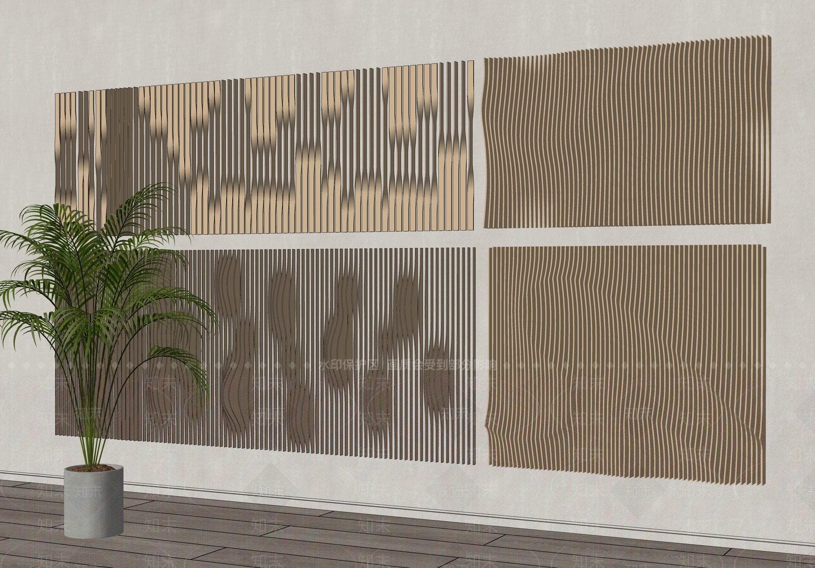 现代木纹格栅造型护墙板SU模型下载【ID:1136882490】_知末su模型网