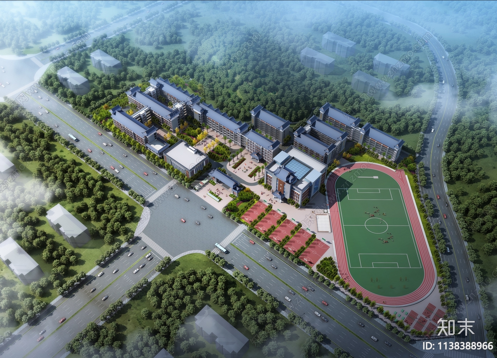 中式学校鸟瞰规划3d模型下载【id1138388966】知末3d模型网