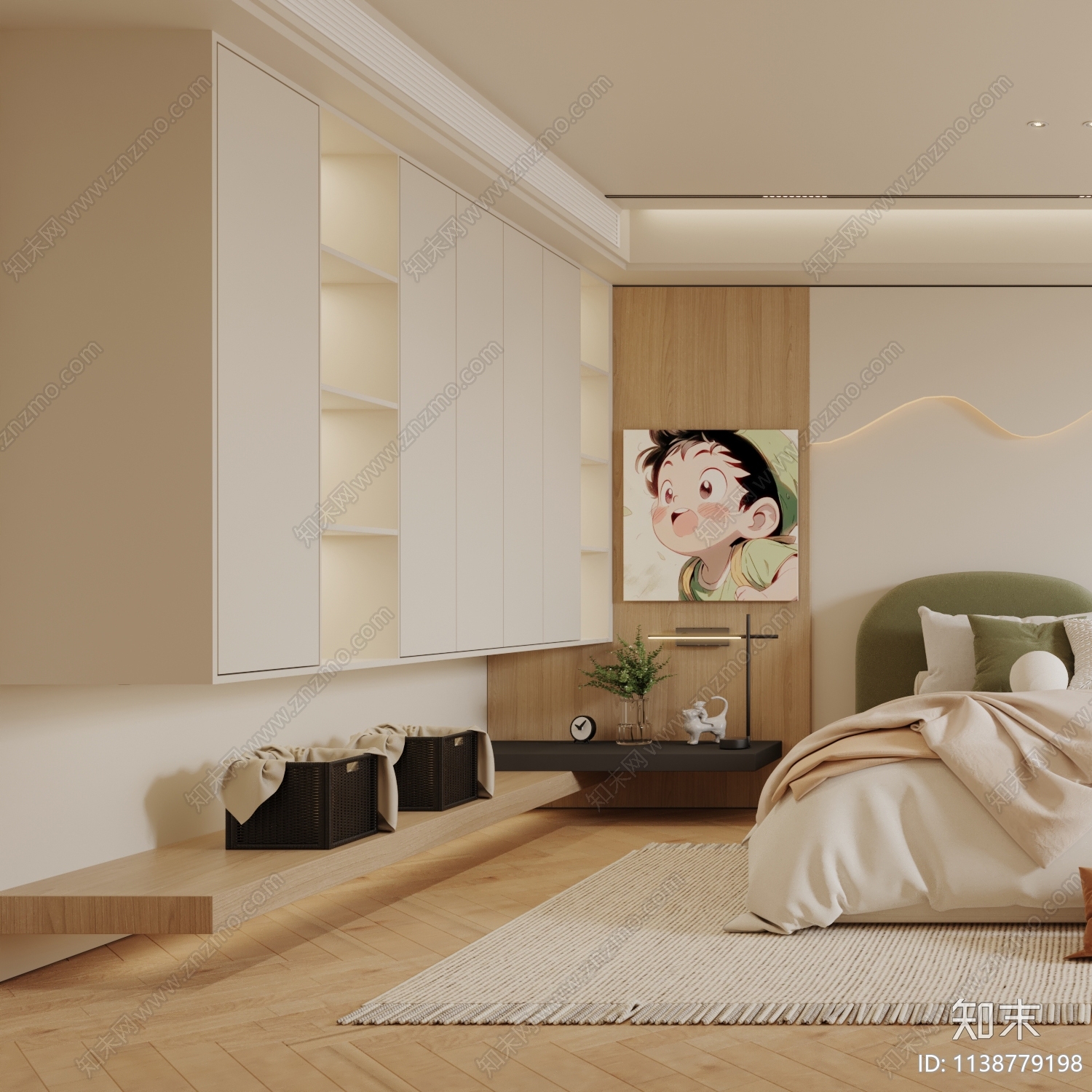 现代极简奶油风卧室3d模型下载【id1138779198】知末3d模型网