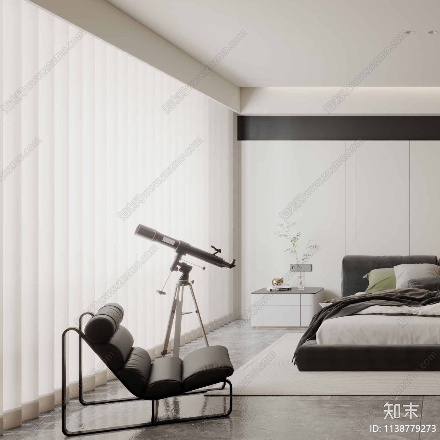 现代黑白灰极简卧室3d模型下载【id1138779273】知末3d模型网