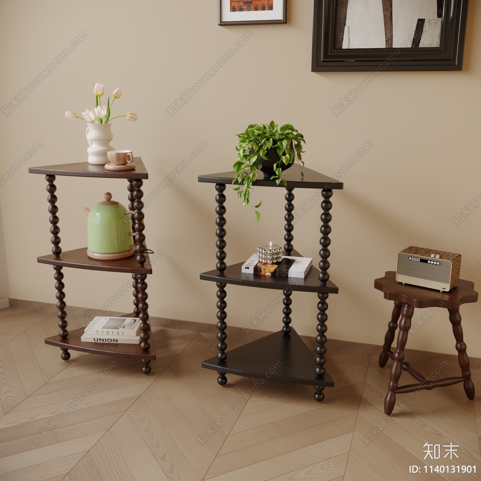 现代中古风实木边几角几组合3d模型下载【id 1140131901】 知末3d模型网