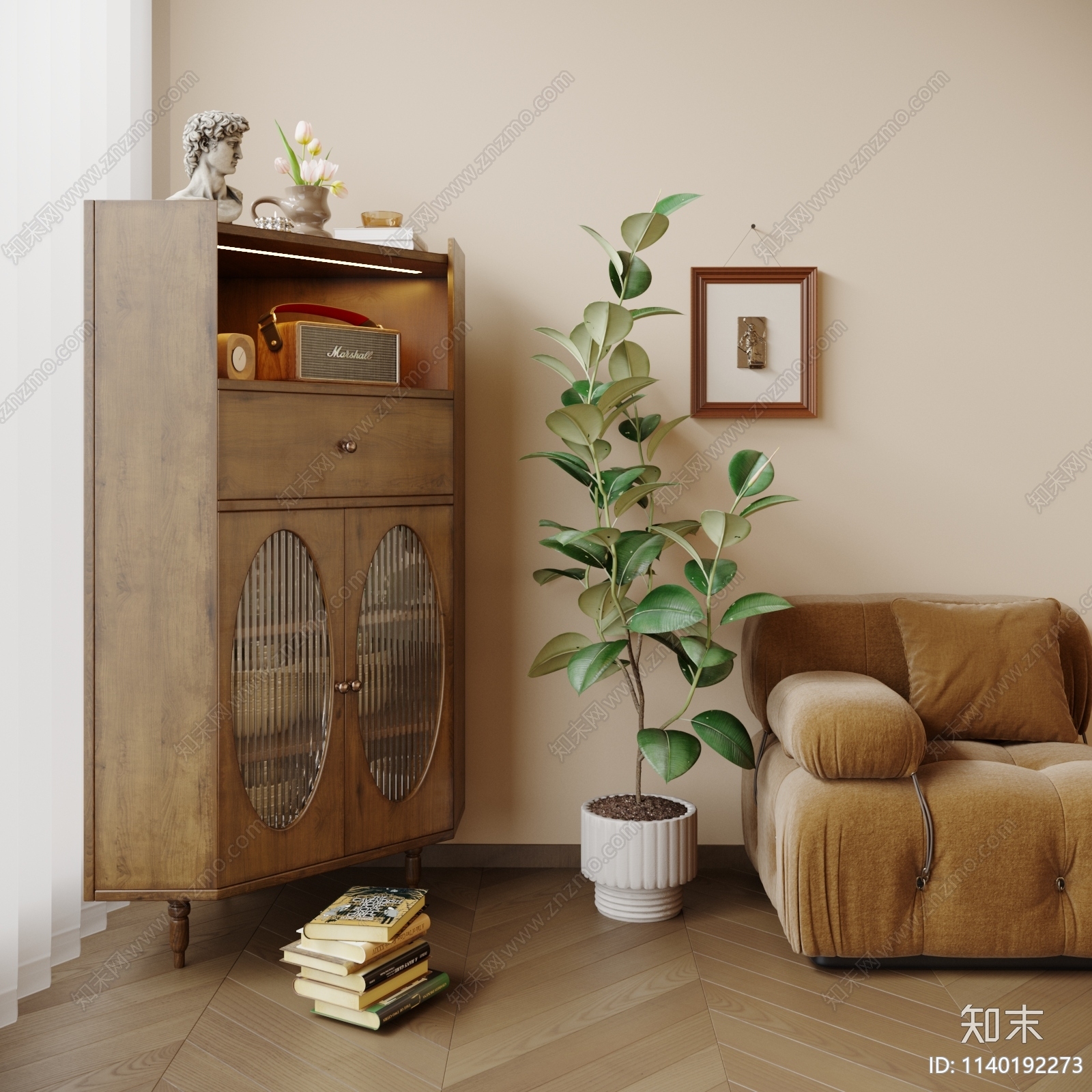 侘寂中古风实木转角装饰柜3d模型下载【id1140192273】知末3d模型网