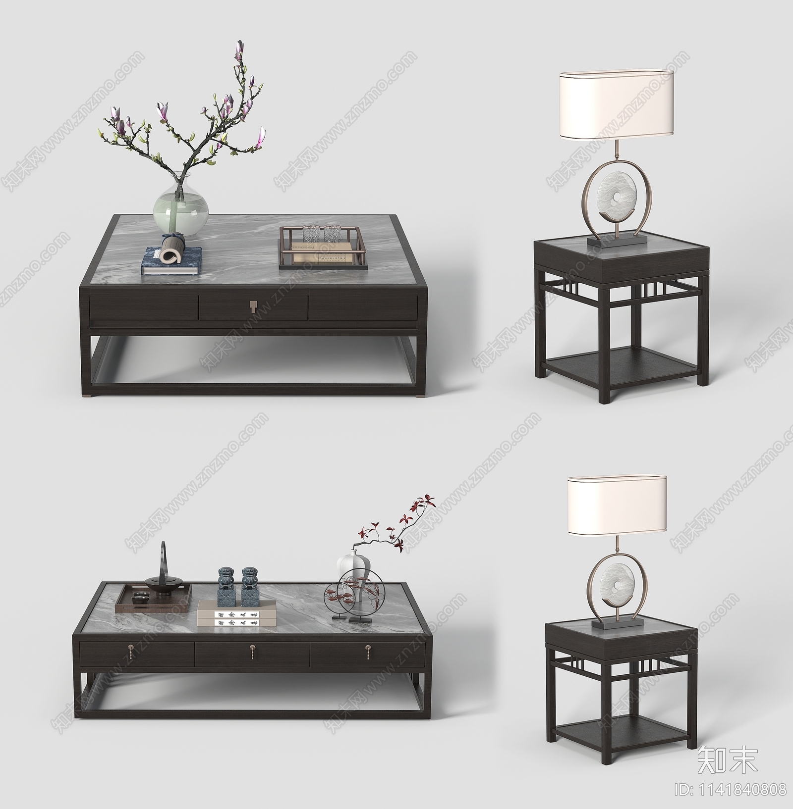 新中式茶几组合3d模型下载【id1141840808】知末3d模型网