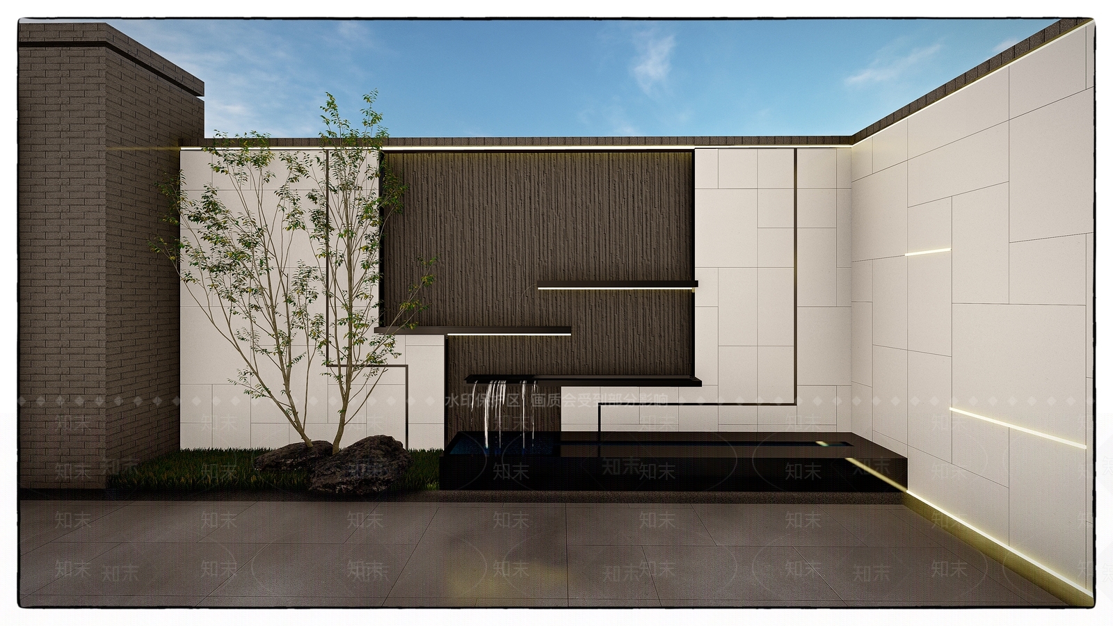 现代庭院水景墙SU模型下载【ID:1141863722】_知末su模型网