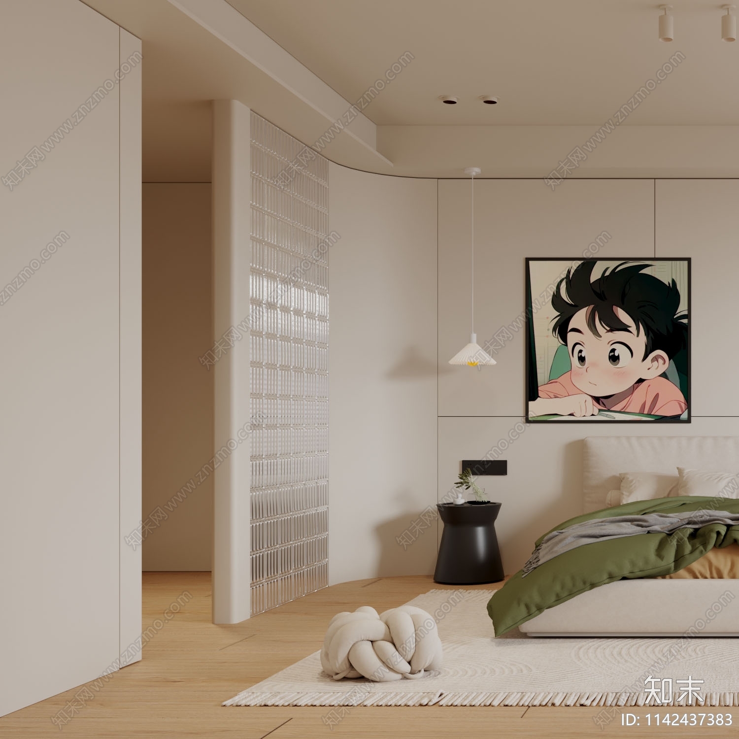 现代极简奶油风卧室3d模型下载【id1142437383】知末3d模型网