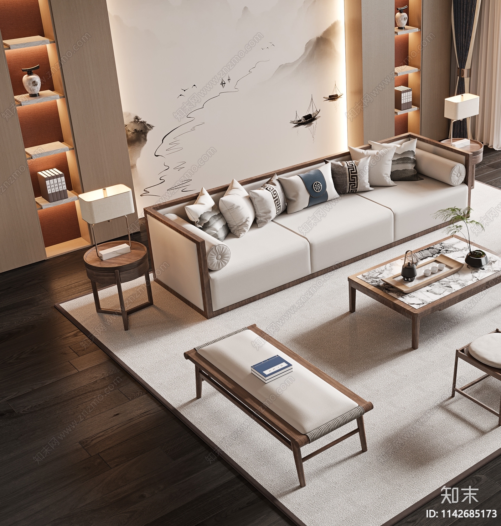 新中式沙发茶几组合3d模型下载【id1142685173】知末3d模型网