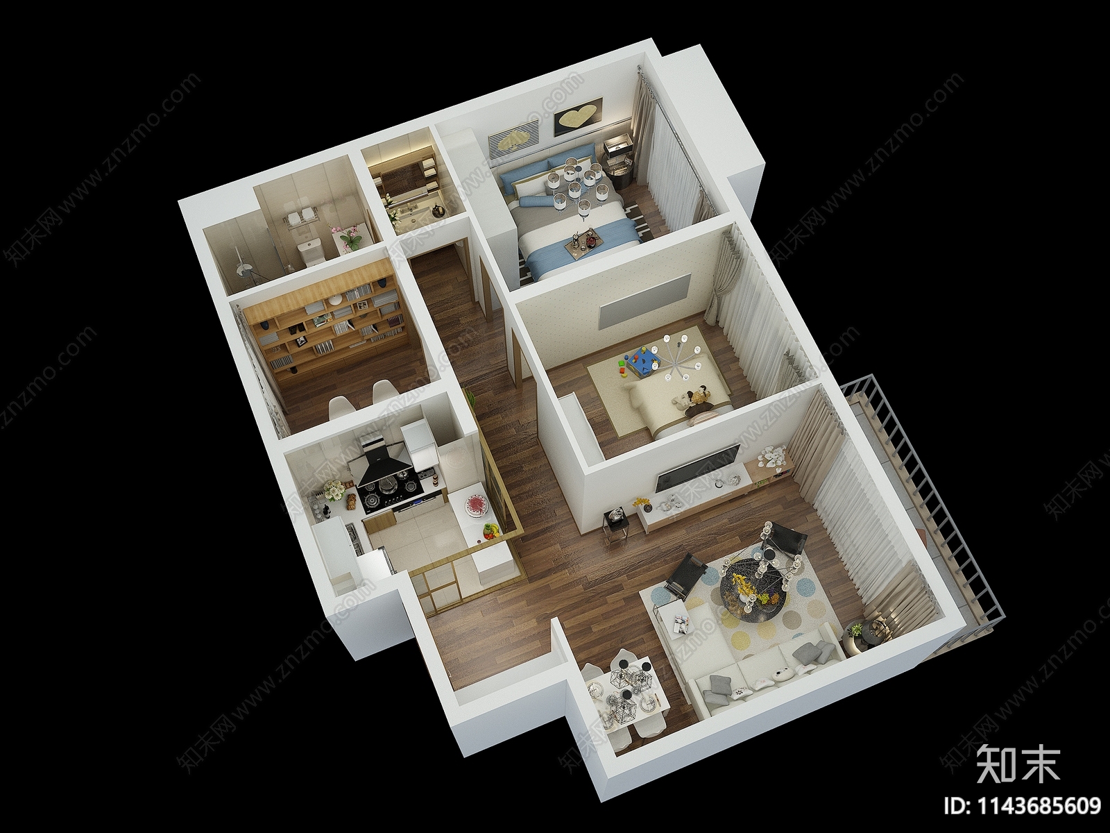 现代家装样板房鸟瞰3d模型3d模型下载【id1143685609】知末3d模型网