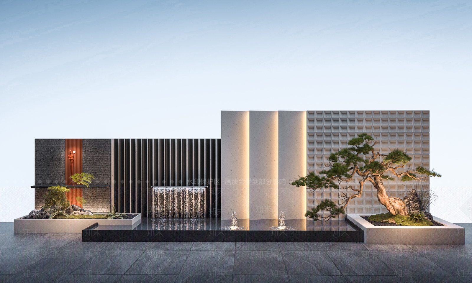 现代叠水景墙SU模型下载【ID:1143855537】_知末su模型网