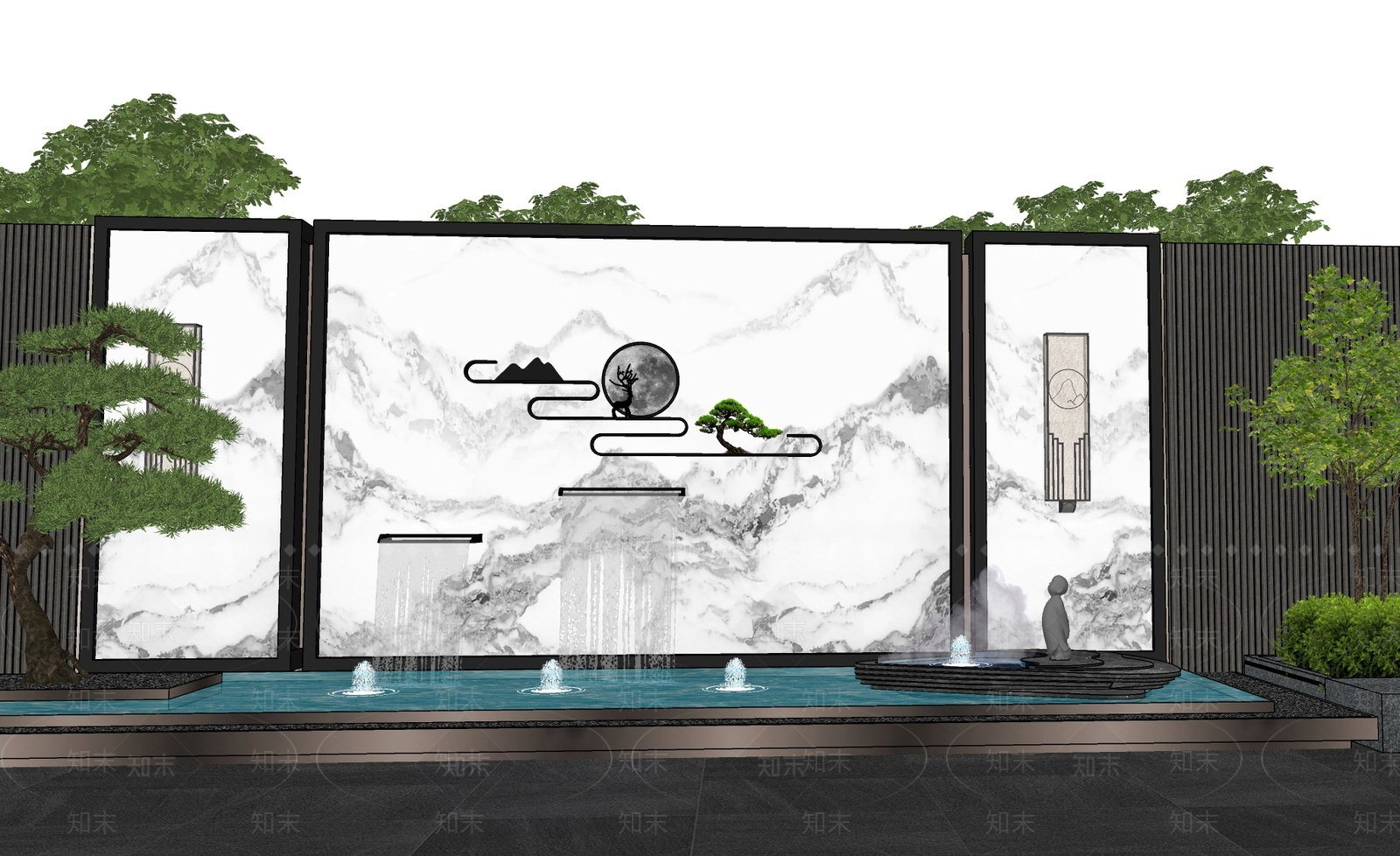新中式庭院叠水景墙SU模型下载【ID:1145124856】_知末su模型网