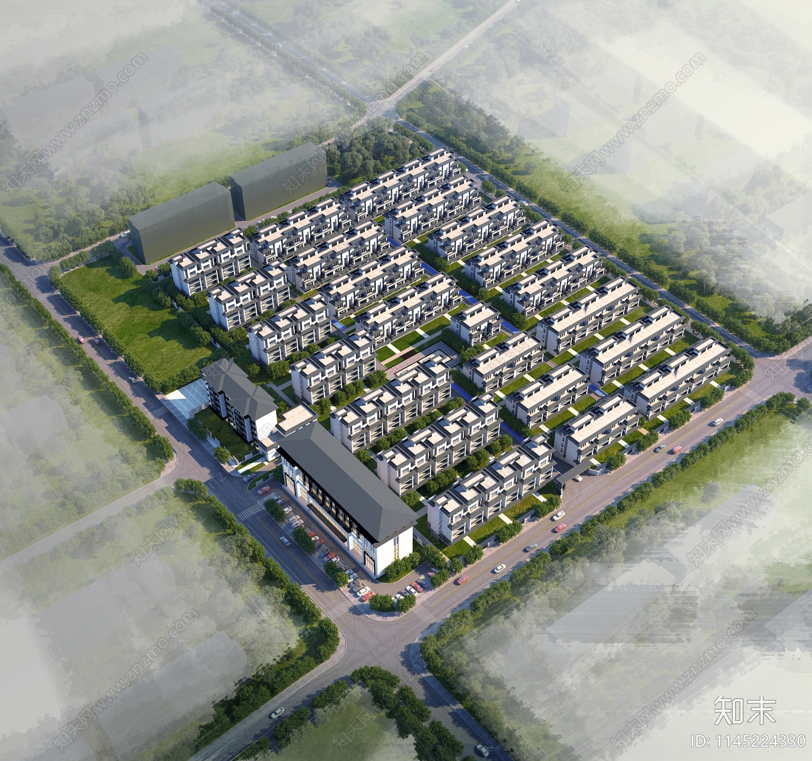 新中式住宅小区鸟瞰规划3d模型下载【id1145224330】知末3d模型网