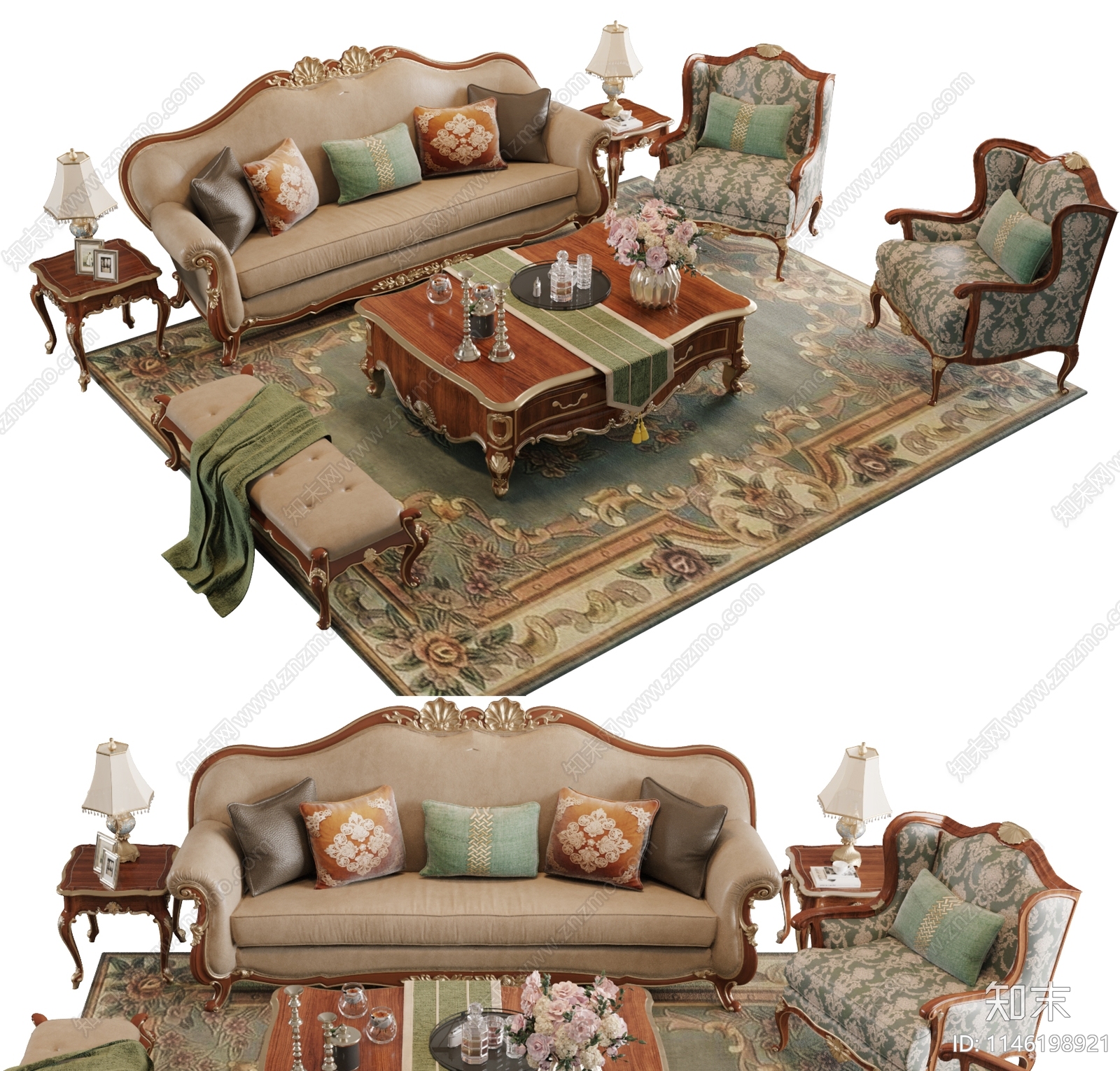 欧式古典沙发茶几组合3d模型下载【id1146198921】知末3d模型网