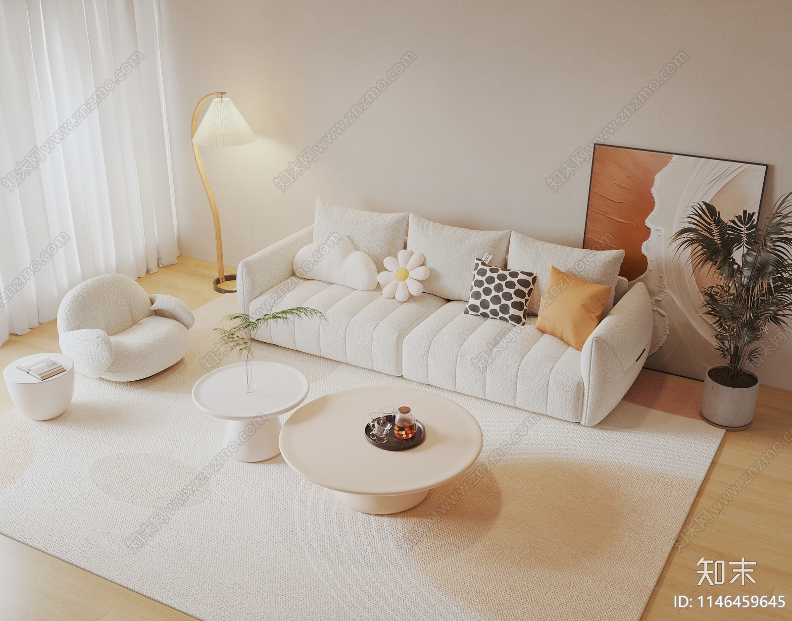 现代奶油风沙发茶几组合3d模型下载【id1146459645】知末3d模型网