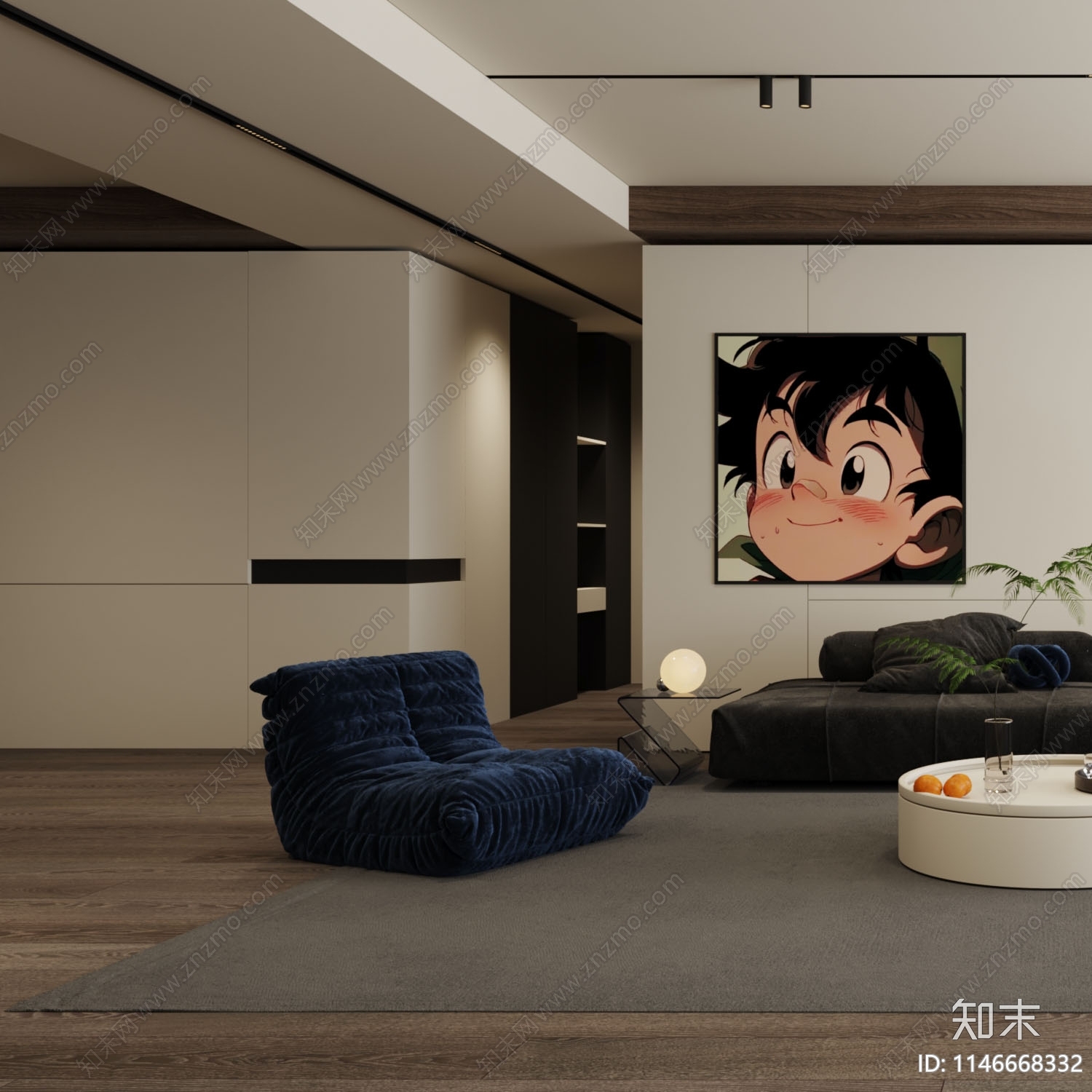 现代极简黑白灰客厅3d模型下载【id1146668332】知末3d模型网