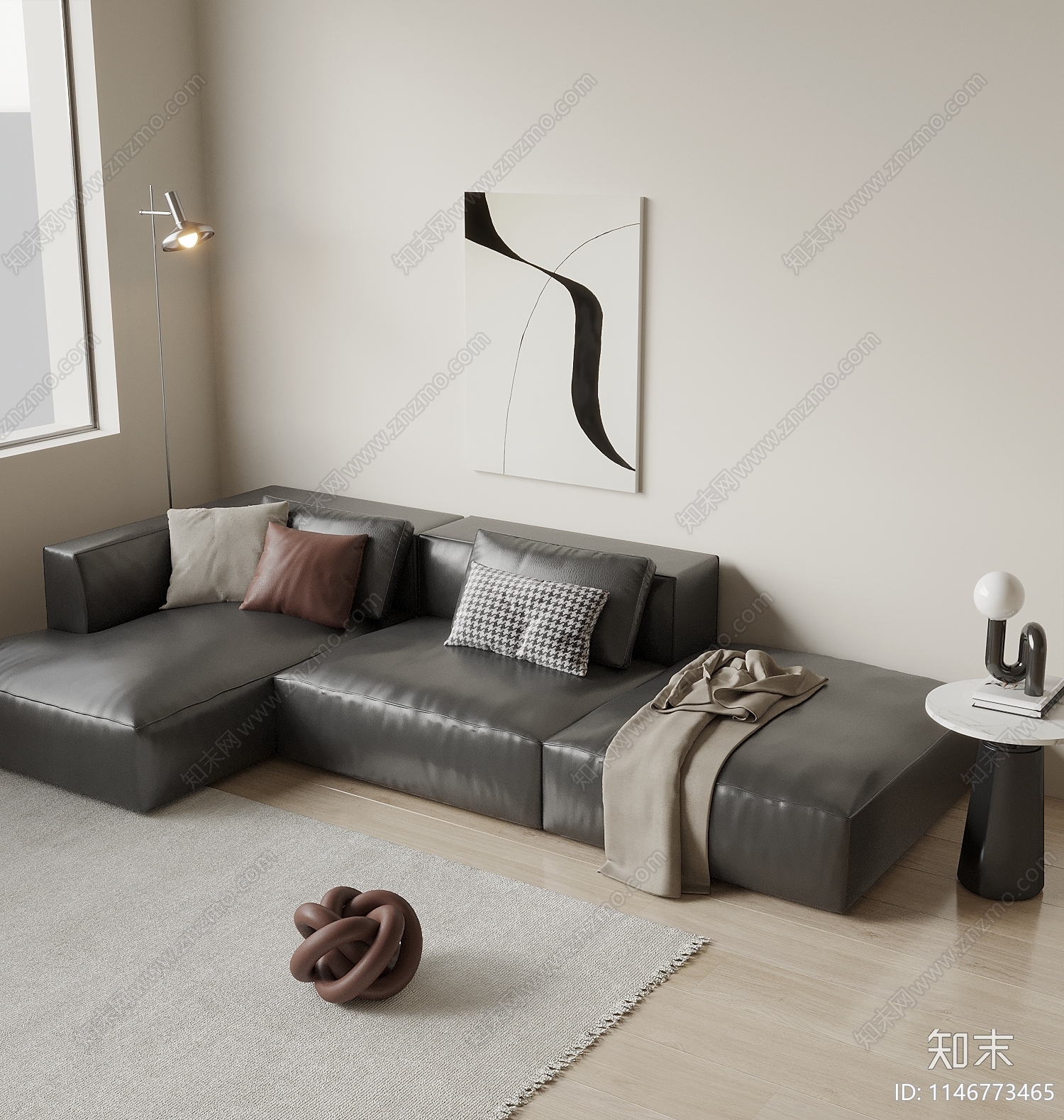 现代皮革转角三人沙发3d模型下载【id1146773465】知末3d模型网