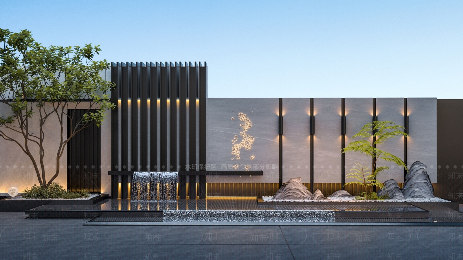现代叠水景墙SU模型下载【ID:1147348794】_知末su模型网
