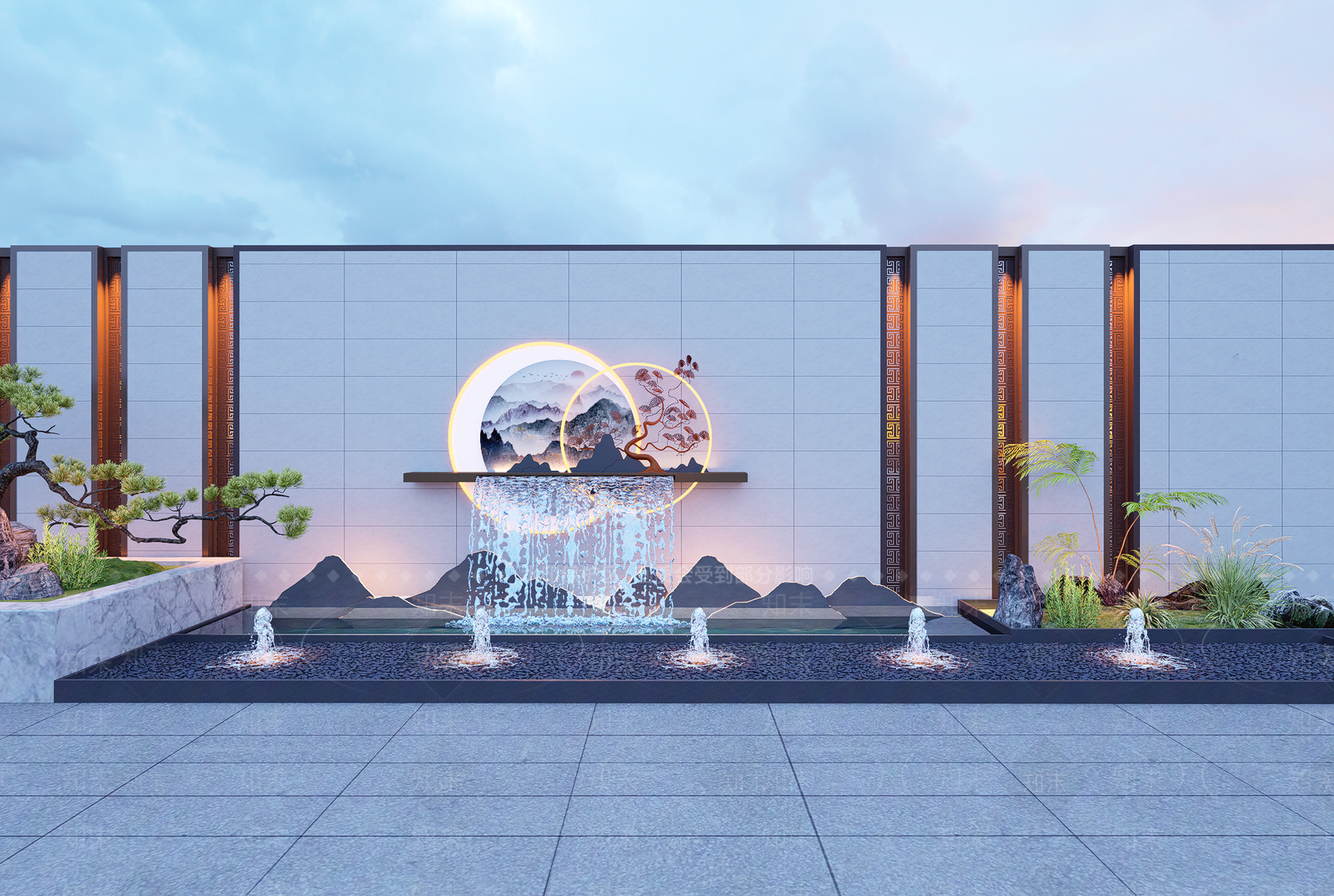 新中式庭院跌水景墙SU模型下载【ID:1147802791】_知末su模型网