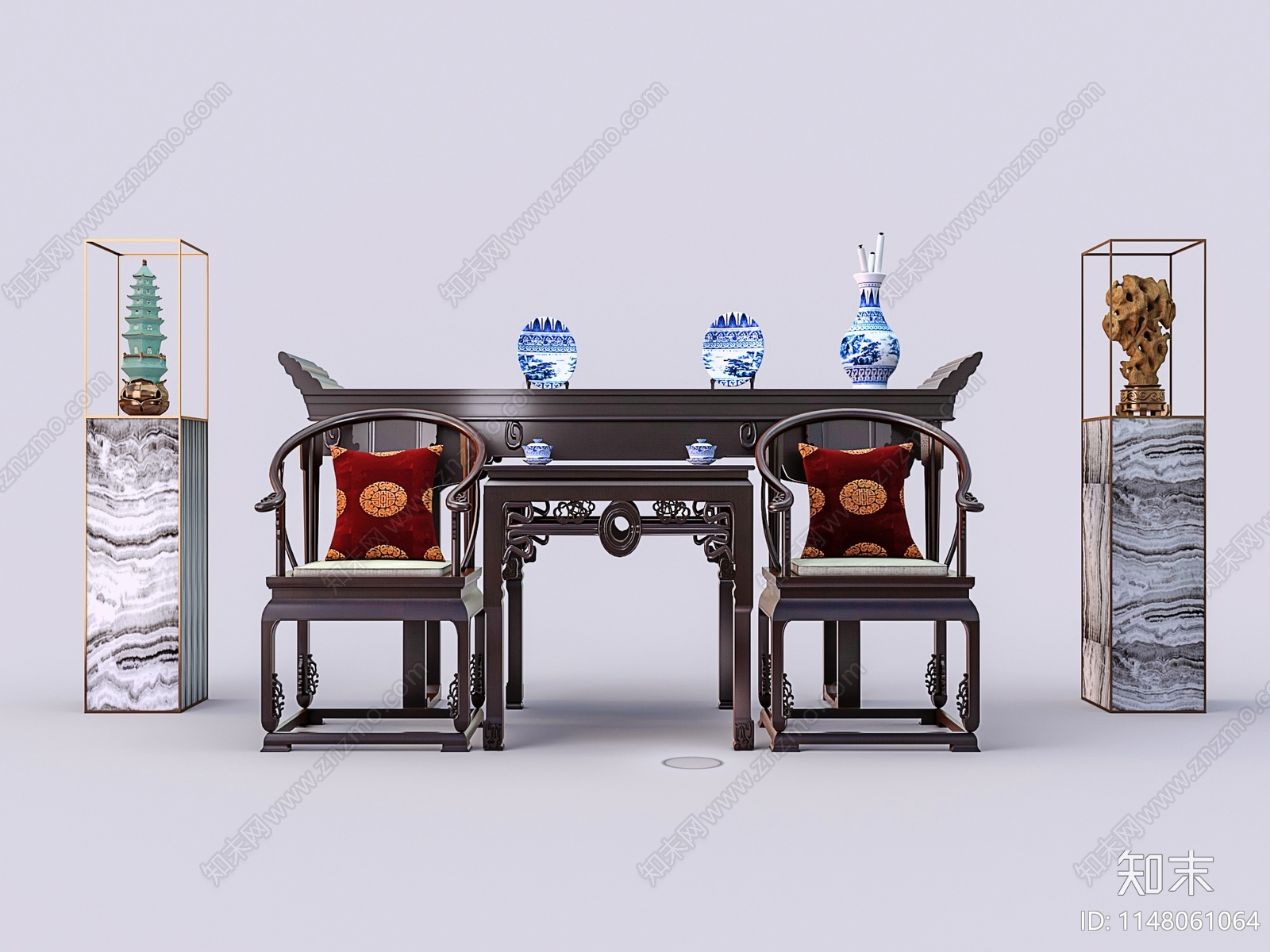 中式中堂红木茶桌椅组合3d模型下载【id1148061064】知末3d模型网