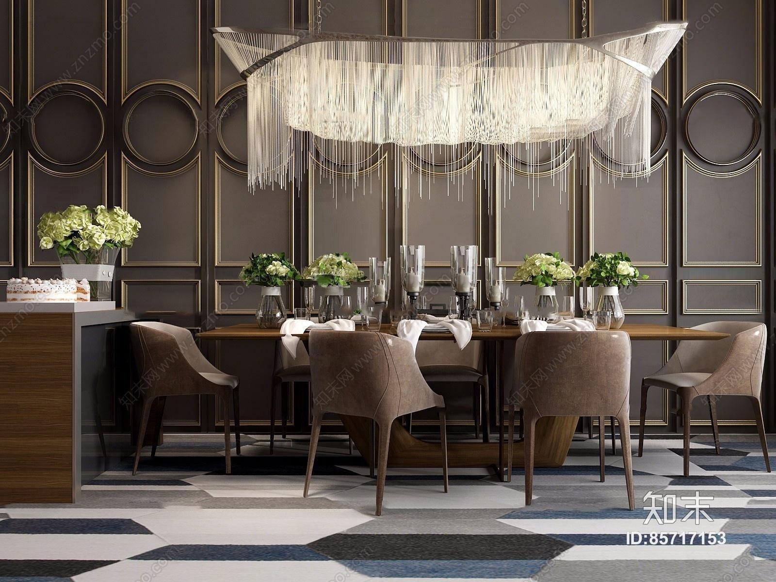 现代餐桌椅吊灯组合3D模型下载【ID:85717153】_知末3d模型网